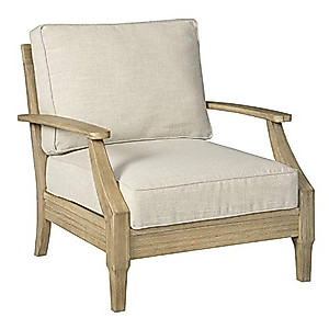 Signature Design by Ashley Clare View Coastal Outdoor Patio Eucalyptus Sofa with Cushions, Beige & Clare View Outdoor Eucalyptus Wood Single Cushioned Lounge Chair, Beige
