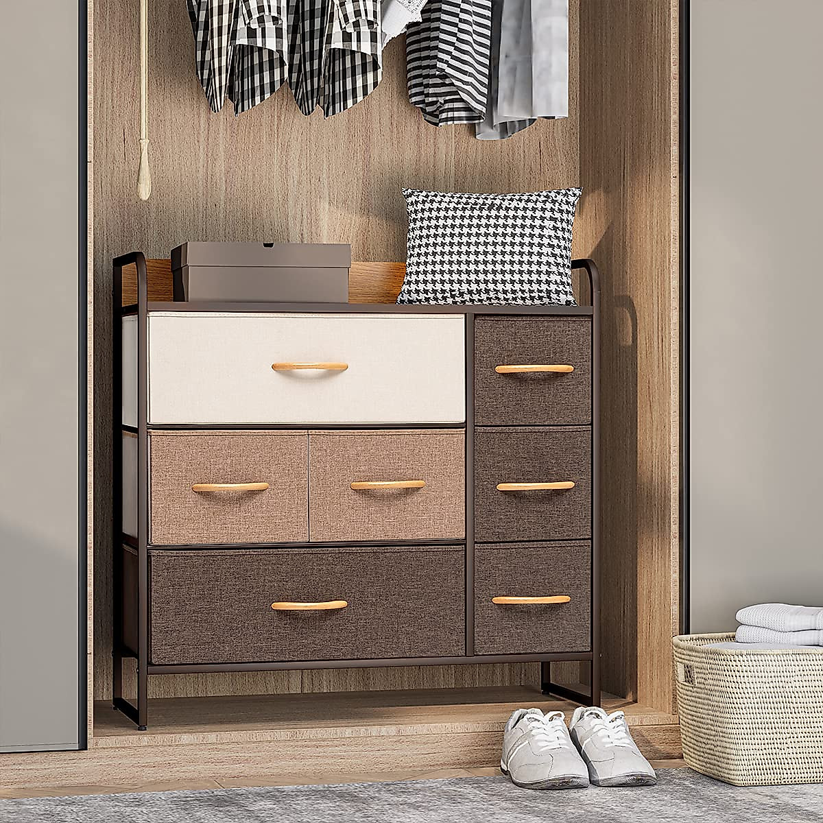 VredHom Wide Fabric Dresser Tower, 7 Drawers Fabric Closet Dresser Closets Storage Units with Sturdy Steel Frame, Wood Top & Easy Pull Fabric Bins for Bedroom, Living Room, Hallway, Entryway, Closets