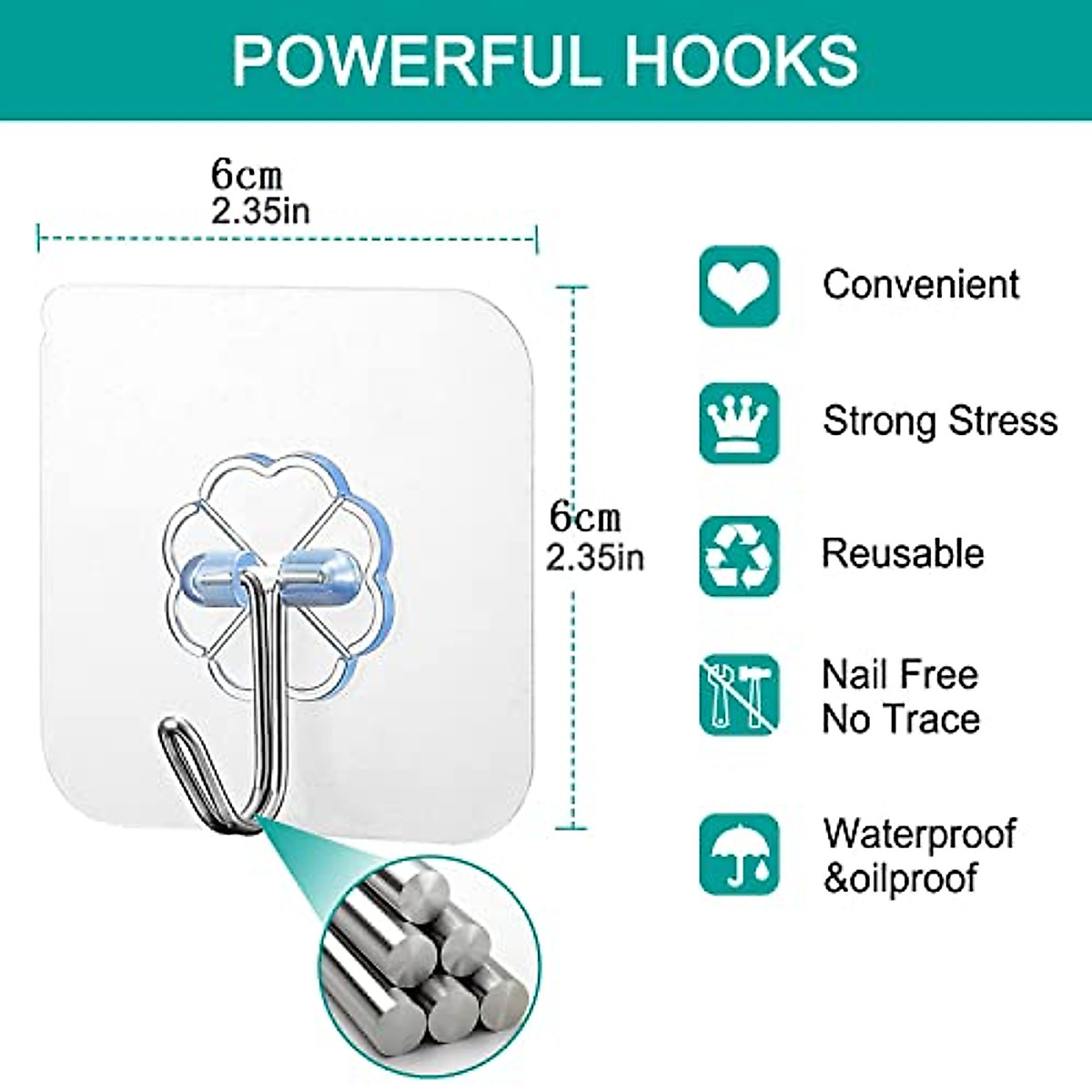 Gartmost These Sticky Wall Hooks are Transparent and Thick, Could Hang 44lbs/20kg Max. They are Waterproof, Oilproof and Seamless, Suitable for Kitchens, Restrooms, Bathrooms and More