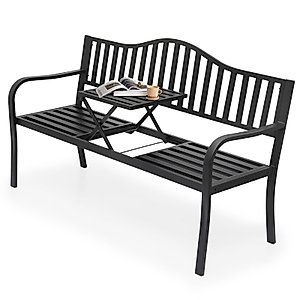 SFIHOME Metal Frame Garden Bench with Folding Table, 59" All-Weather Outdoor Benches for 2 Adults, Patio Bench with Slatted Backrest, Bench for Lawn Yard Porch Entryway, Black