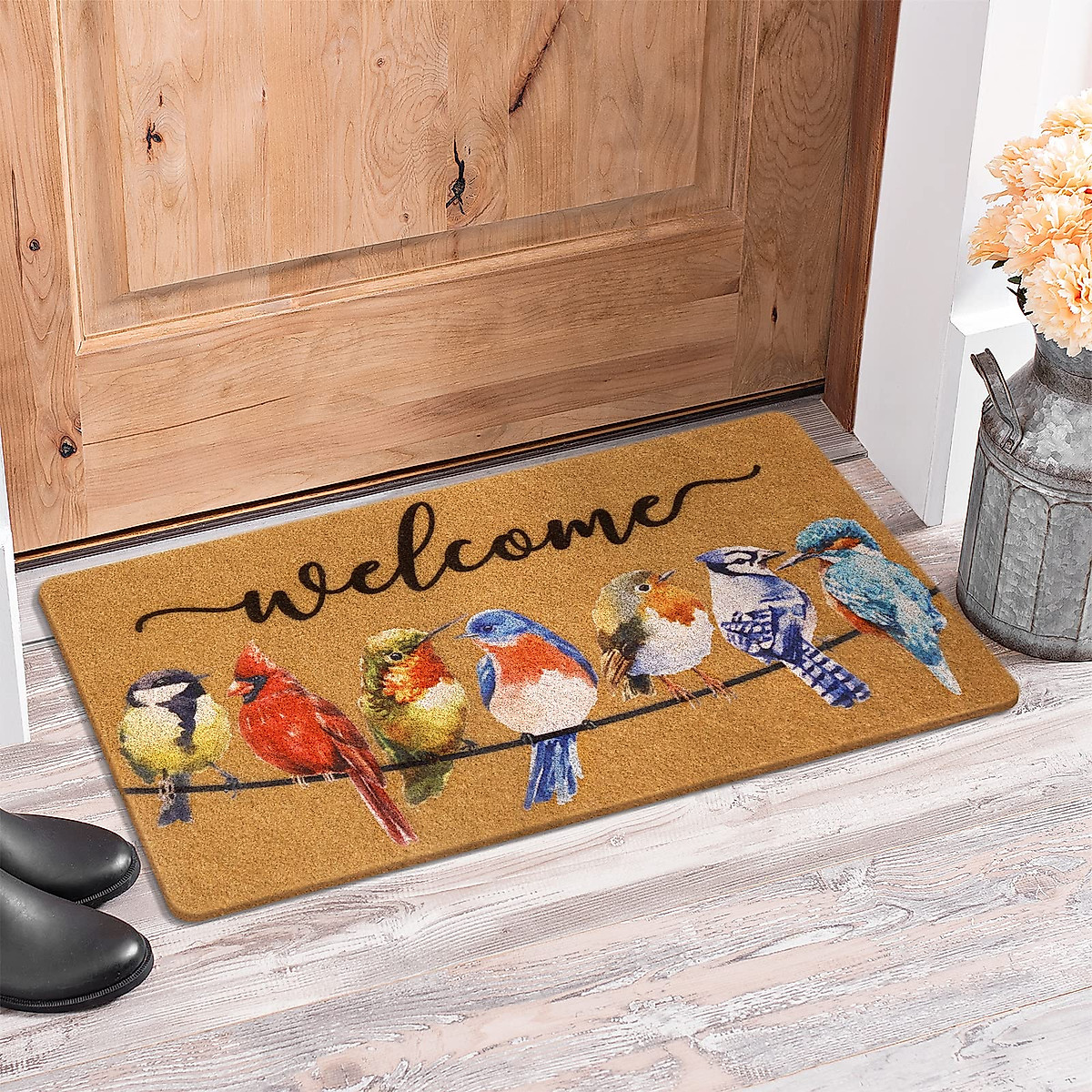 Birds On Wires Welcome Doormat, Durable Bird Welcome Rug Indoor Outdoor Hummingbird Cardinal Robin Non-Slip Rug for Entryway, Porch, Patio, Garage - 17 x 30 Inch