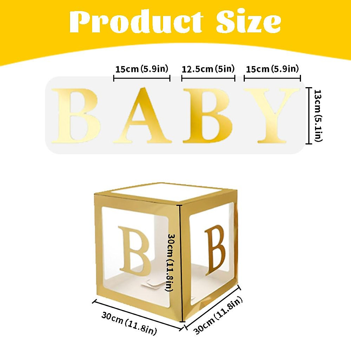 Onteftshop Baby Boxes with Letters for Baby Shower, 4 Clear Baby Block Party Decorations, Transparent Balloon Boxes for Gender Reveal Decorations and Birthday Party (Gold)