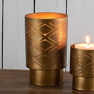 Foreside Home & Garden Brass Antique Large Pierced Metal Pillar Candle Holder