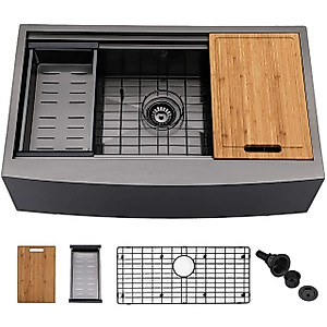 KINGO HOME 33 inch Black Farmhouse Sink, 16 Gauge Ledge Stainless Steel Rustic Farmhouse Sink Apron Front Undermount Farm Kitchen Sink with Accessories Farmers Sink Rustic Farmhouse Kitchen Sink