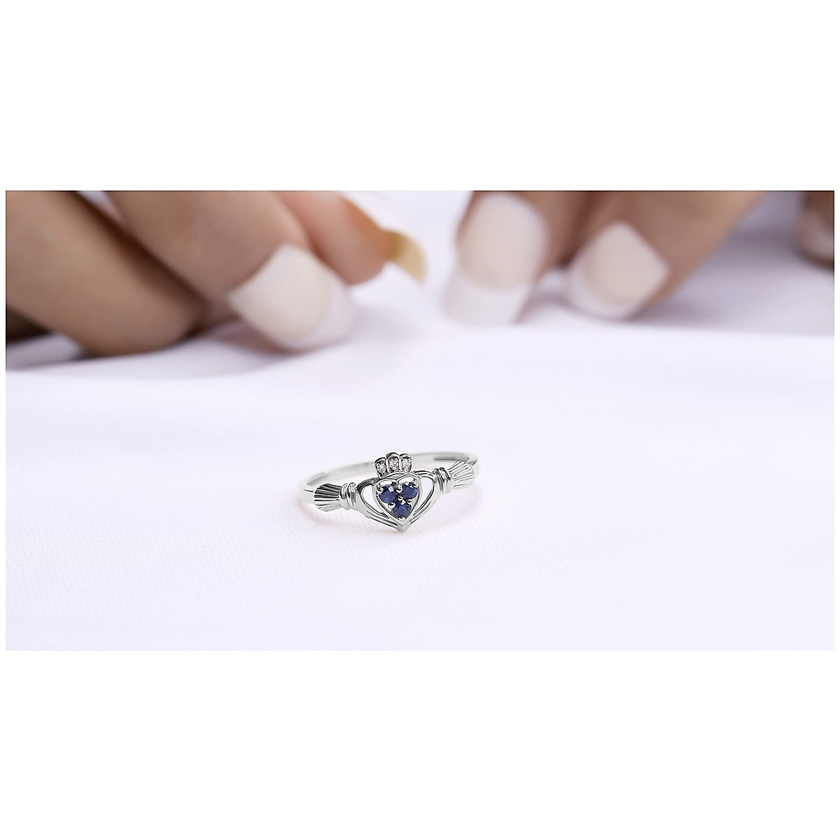 Dazzlingrock Collection Round Natural Blue Sapphire & White Diamond Promise Irish Love & Friendship Claddagh Heart Shape Ring for Women in 18K White Gold Size 8