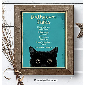Bathroom Rules Wall Decor - Cat Bathroom Decor - Funny Bathroom Wall Art - Bath Wall Decor - Powder Room - Guest Bathroom - Restroom Sign - Blue Bathroom Decorations for Women, Kitty, Kitten Fan