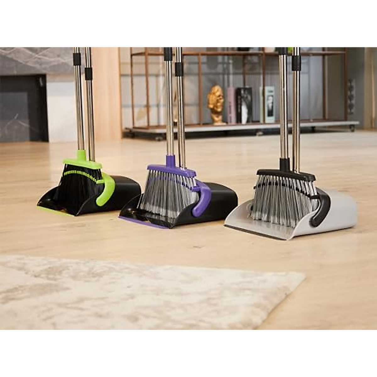 COUPLEP Broom and Dustpan Combo Set for Home Super Long Handle, Upright Standing Dustpan for Home Room Kitchen Office Lobby Outdoor Floor Use (Purple & Black)