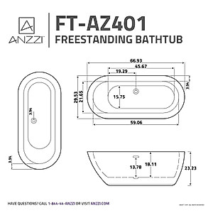ANZZI Freestanding Tub 67”, Soaker Tub, Acrylic Center Drain, Luxury Spacious, Deep Soaker Bathtub with Overflow and Drain, Modern Slip-Resistant Floor (FT-AZ401)