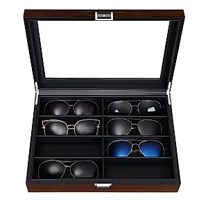 BEWISHOME Sunglasses Organizer, 8 Slot Sunglasses Case for Men, Eyeglasses Storage Box with Clear Glass Top, Smooth Faux Leather Interior, Brown SSH25Y