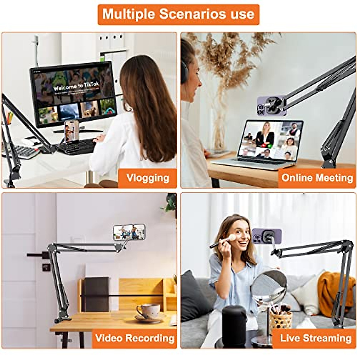 UURIG Overhead Phone Mount Stand with Magsafe, Articulating Arm Cell Phone Holder for Desk, Cell Phone Holder for Live Streams, Zoom Calls, Online Teaching, Selfies, Remote Working