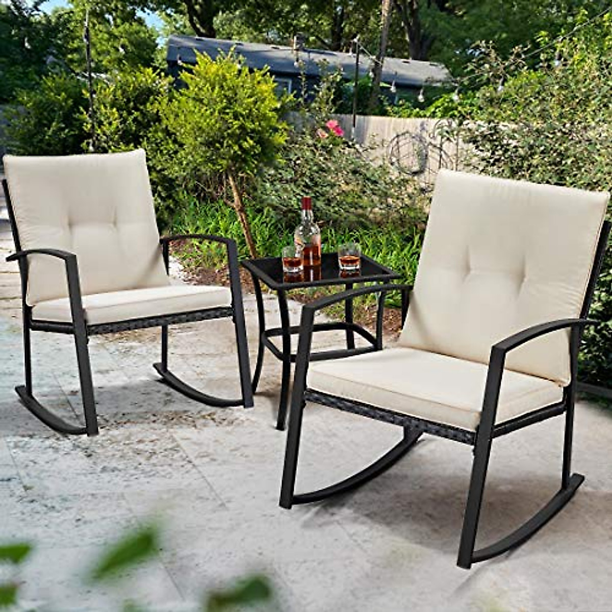 Yaheetech 3-Piece Patio Furniture Set, Outdoor Rocking Chairs Bistro Set, 2 PE Rattan Chairs with Glass Coffee Table Wicker Furniture Set - for Garden Balcony Backyard Poolside