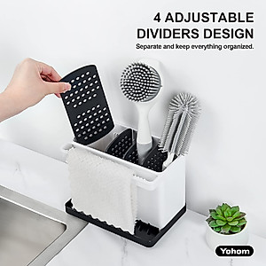 YOHOM Kitchen Sink Caddy Sponge Holder Organizer Brush Holder 2-in-1 Sinkware Caddy with Sink Drain Tray for Kitchen Dish Sponge Holder with 4 Adjustable Divider