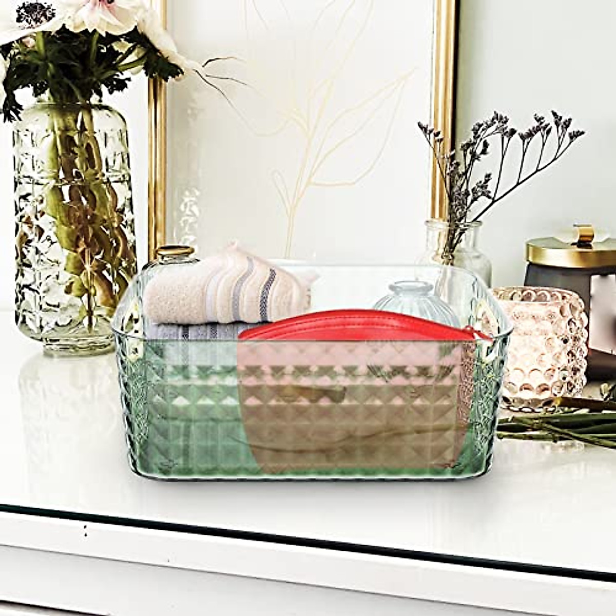 LIOOBO Plastic Storage Bin Tote: Clear Organizer Baskets Organizing Container Fridge Storage Bin Stackable Sundries Decorative Shelf Basket for Office Entryway Closet Cabinet Green
