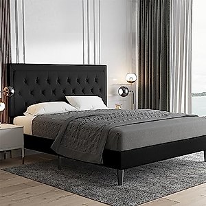Allewie Queen Size Bed Frame Upholstered Platform Bed with Adjustable Headboard, Button Tufted, Wood Slat Support, Easy Assembly, Black
