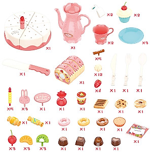 GILOBABY Birthday Cake Toy with Lights & Birthday Music, Pretend Play Cutting Food Kitchen Toy with Tea Set Bread Roll, Chocolate, Sandy & Dessert, Gift for Girls Boys 3 4 5 Year Old (82 PCS)