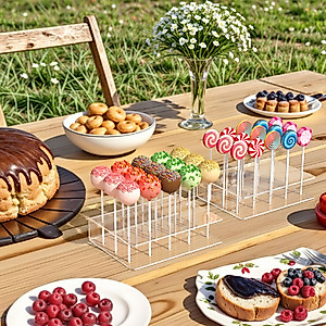 2 Pack Cake Pop Stand with Sticks Kit, Acrylic Lollipop Hold Stand, Clear Cake Pop Display Holder, 15 Holes Candy Pop Holder with 100 Pcs Sticks, 100 Pcs Clear Wrappers, 100 Pcs Gold Twist Ties
