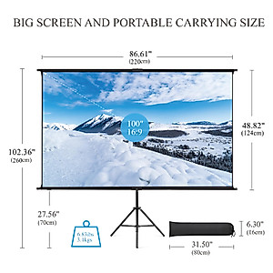 Portable Projector Screen with Stand, 100 inch 16:9, Outdoor Projector Screen, 2 in 1 Projection Screen, Foldable, Ironable and Washable, Idea for Home Cinema, Business, Backyard Party, Game.