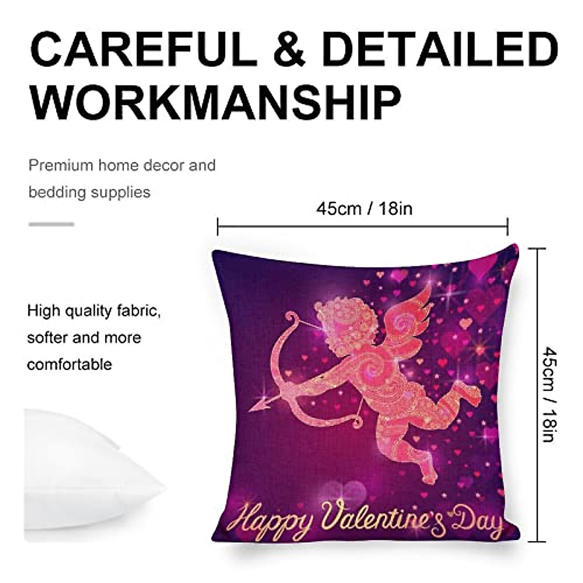 Happy Valentine's Day Throw Pillow Covers 18×18 Pillowcases Set of 2 Glitter Cupid Linen Decorative Square Pillow Case Cushion Covers Standard Size for Sofa Couch Outdoor Bed Pillow Protectors