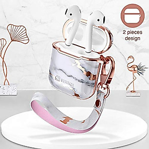SURITCH Compatible with AirPods Case, [Front LED Visible] Cute Marble Full Body Protection Slim Shockproof Rugged Protective Case Cover with Lanyard for AirPods 1st/2nd (White Marble)
