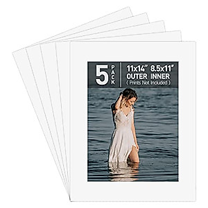 Golden State Art, Pack of 5 Acid Free Bevel Cut 4-Ply Thickness White Core Picture Mats for Photos (White, 11x14 for 8.5x11 Photo)