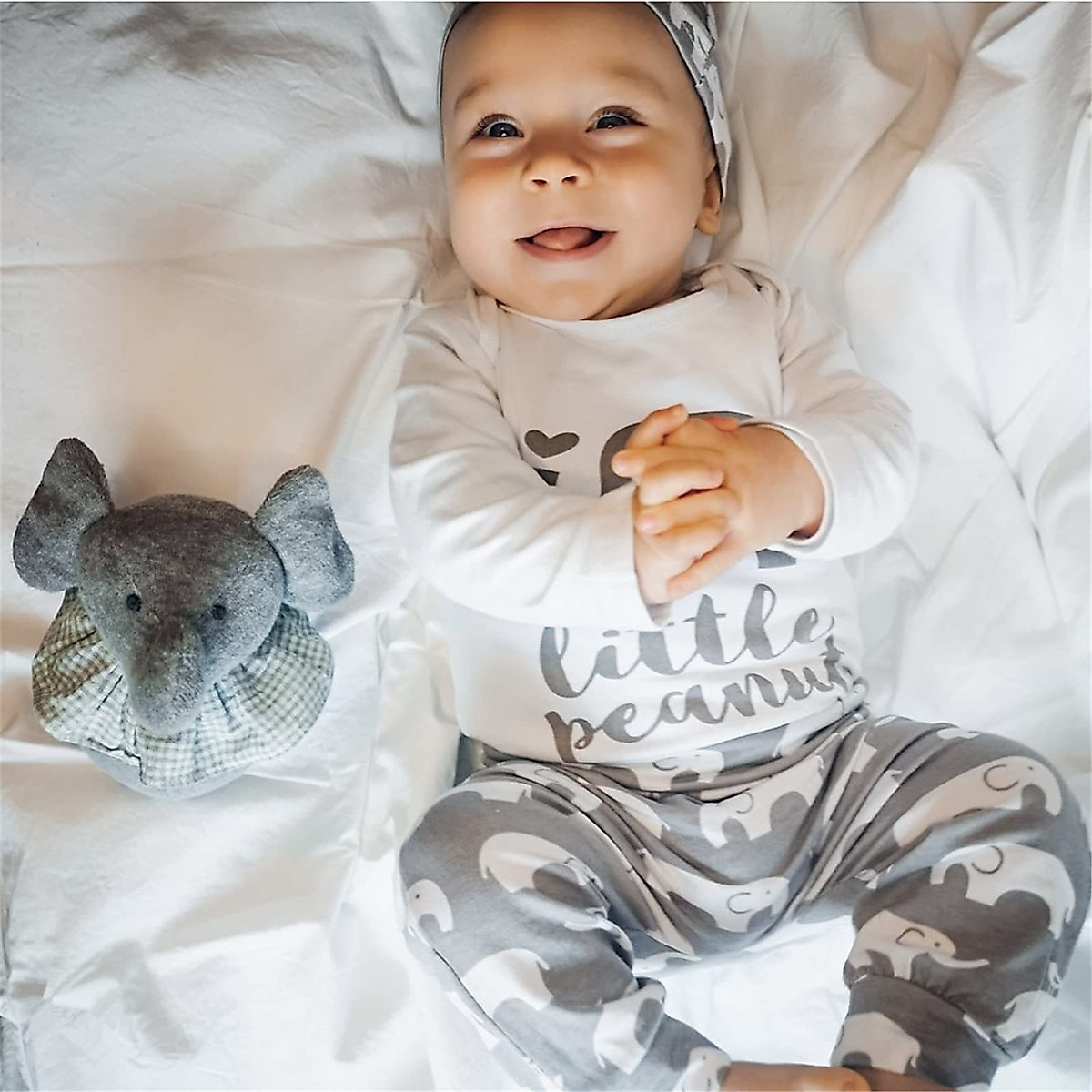 Siracend Newborn Infant Baby Boy Clothes Elephant Print Long Sleeve Bodysuit + Pants + Hat 3 PCS Outfits Set (0-3 months) White