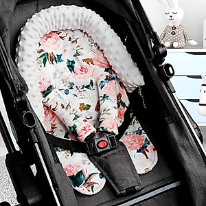 DILIMI Baby Car Seat Head Support, Soft Minky Infant Carseat Head Support for Boys and Girls, Car Seat Head Support with Straps Cover for Car Seats, Strollers and Bouncers, Pink Flower