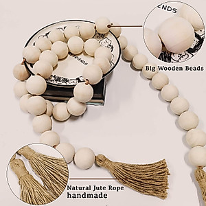 72" Long Large Wood Bead Garland with 1.6" Diameter Chunky Wooden Beads, Farmhouse Rustic Country Boho Wooden Beads Garland for Home Tiered Tray Decor, Wood Decorative Beads with Tassels
