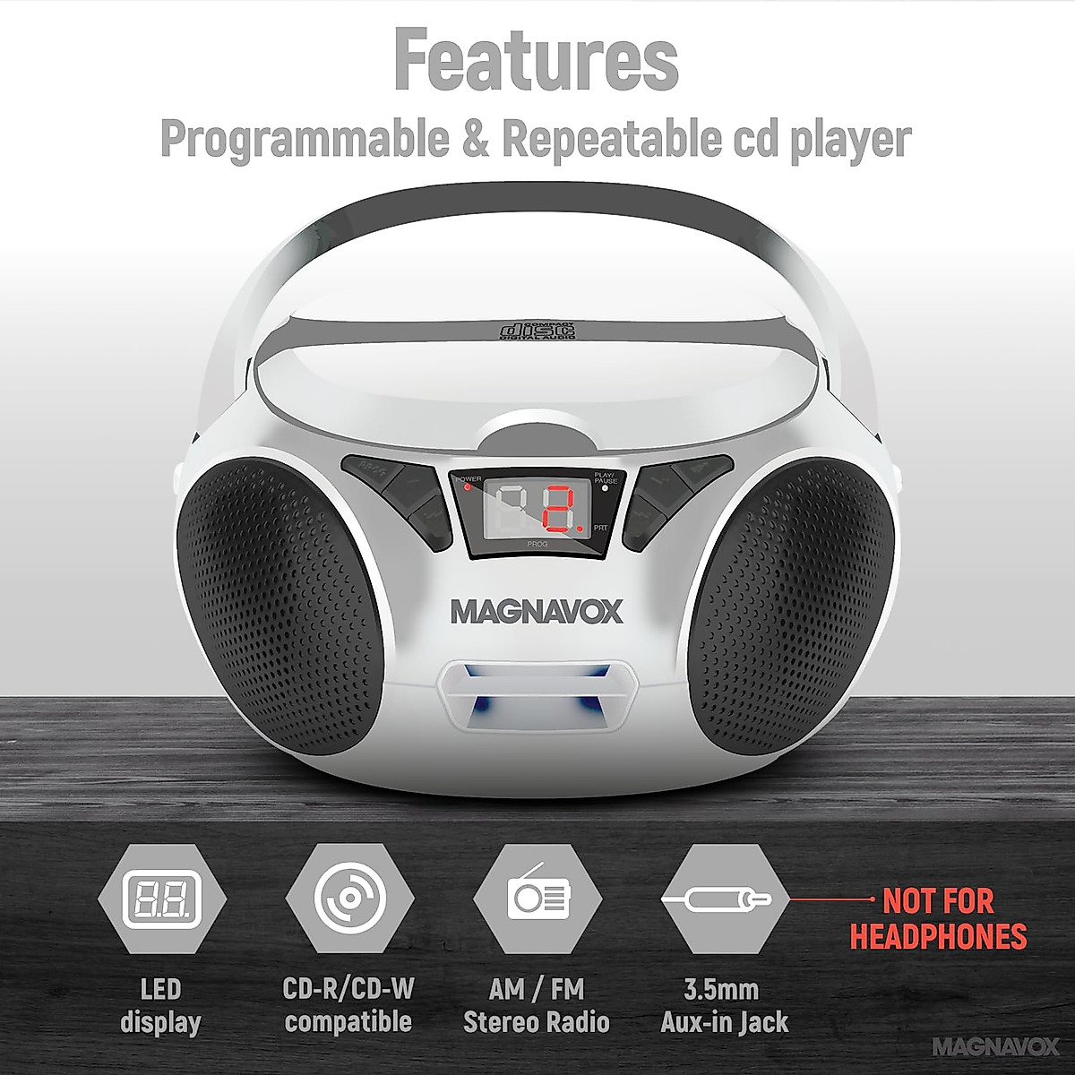 Magnavox MD6924 Portable Top Loading CD Boombox with AM/FM Stereo Radio in Black | CD-R/CD-RW Compatible | LED Display | AUX Port Supported | Programmable CD Player | (White)