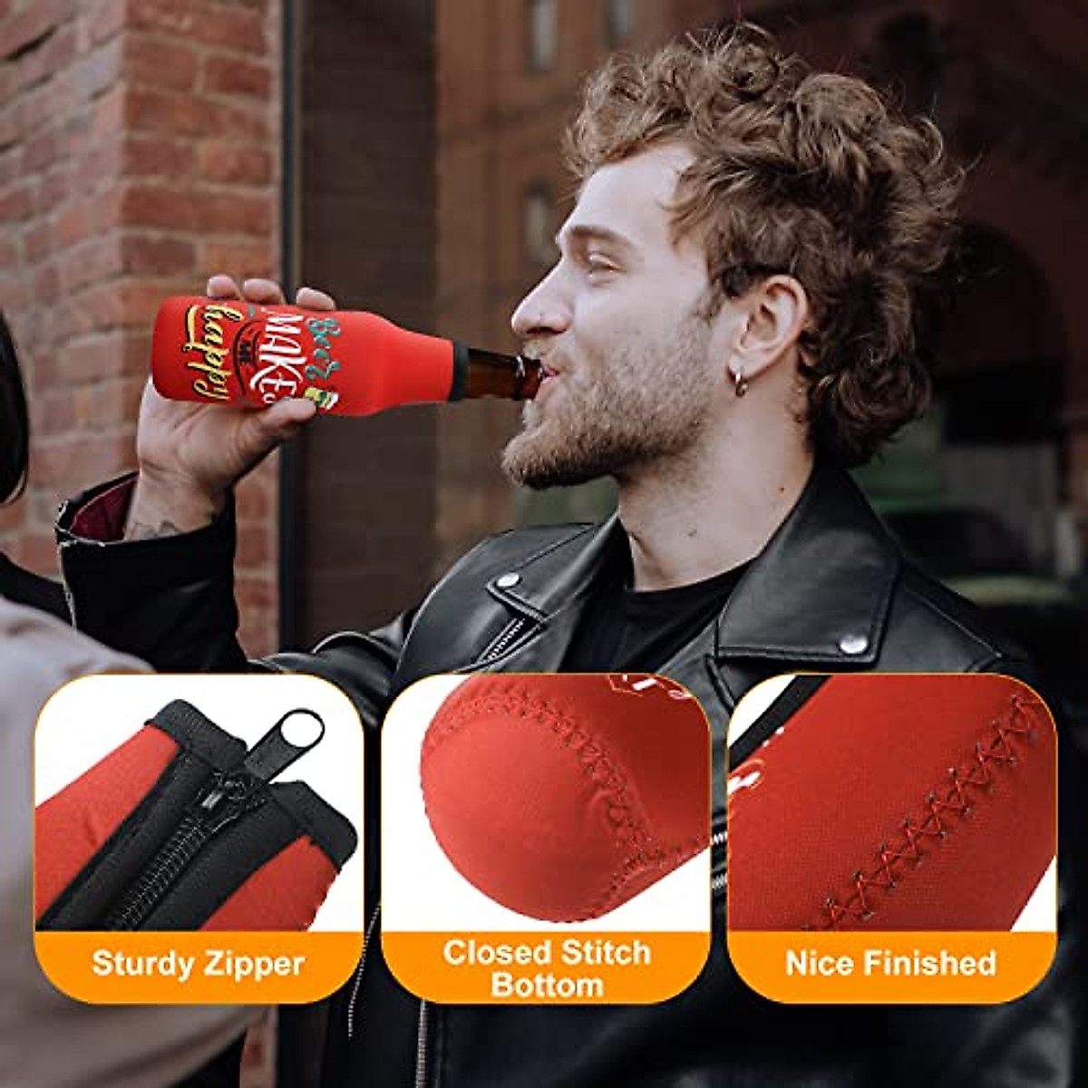 Summer Beer Bottle Insulator Sleeve with Zipper Neoprene Insulated Bottle Jackets Keep Warm and Cold Beer Bottle Sleeves with Stitched Fabric Edges for Party (12 Piece, Bright Style)