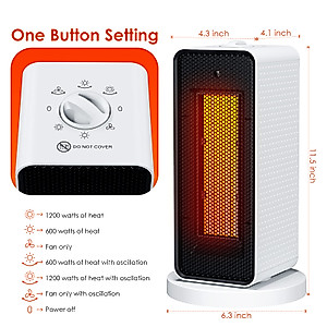 Qoosea Space Heaters for Indoor Use Electric Oscillation Portable Electric Space Heater Ceramic Heater with Thermostat Fast Heating Ultra Quiet Small Space Heater for Office Home Room White