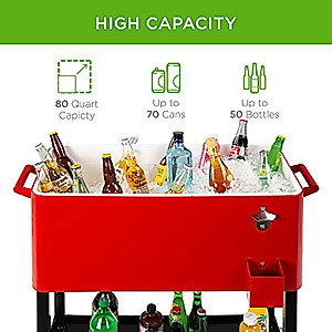 Best Choice Products 80qt Outdoor Steel Rolling Cooler Cart for Cookouts, Tailgating, BBQ w/Bottle Opener, Catch Tray, Drain Plug, and Locking Wheels - Red