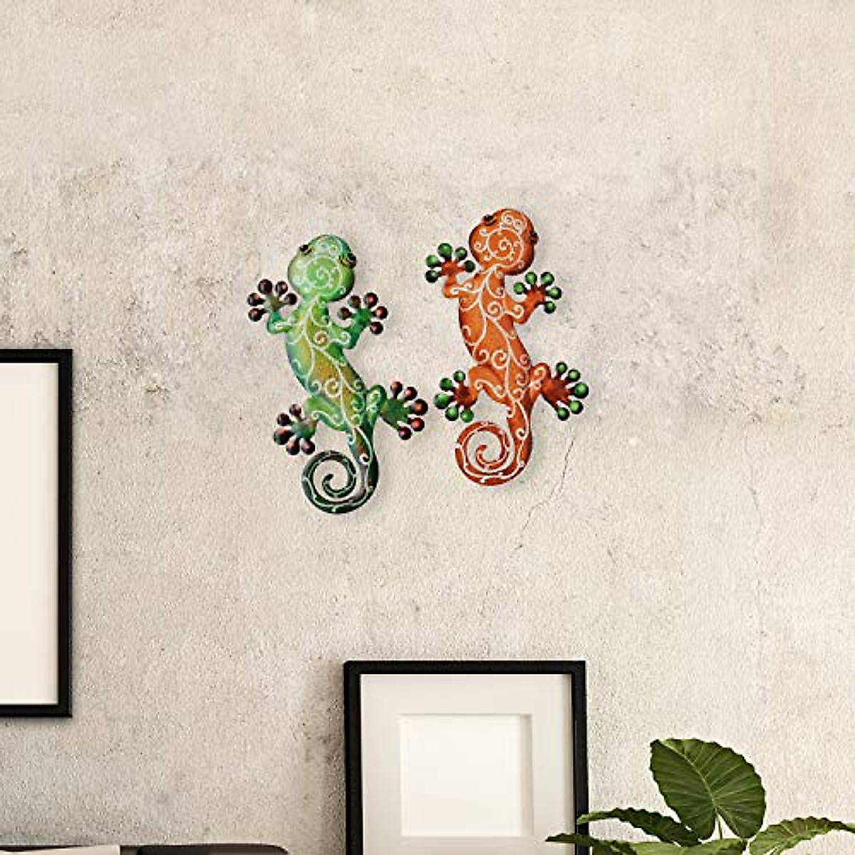 Hanizi 15'' Metal Gecko Wall Decoration, Wall Art Hanging for Bedroom Living Room Office Garden Indoor Outdoor, Set of 2