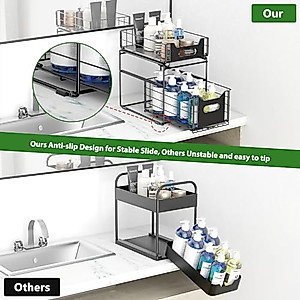 PIGTAB Metal Under Sink Organizer, 2 Sets of 2-Tier Multi-Purpose Bathroom Organizers and Storage, Pull Out Kitchen Organizers and Storage, Cabinet Organizer for Kitchen, Bathroom, Black