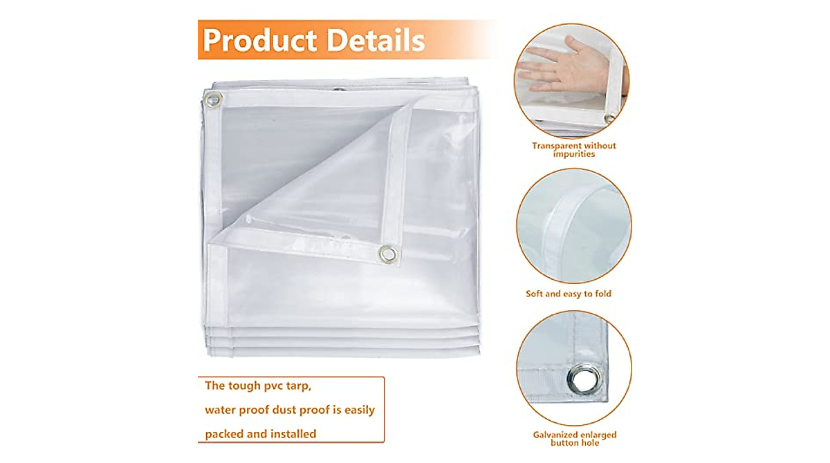 Heavy Duty Clear PVC Tarpaulin 8 x 10 FT - Waterproof Tarp