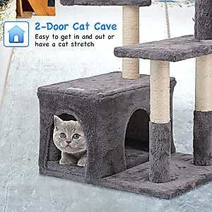 Jieshun Cat Tree for Indoor Cats - Cat Tower with Sisal Cat Scratch Post, Hammock, 2-Door Cave - Multi-Level Cat Condo with Perches & Pompom Toys - Cat Furniture for Kittens & Adult Felines - 33.5”