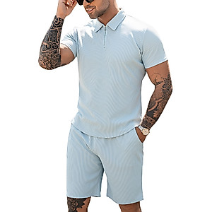 URRU Men's Polo Shirt and Shorts Set Summer Outfits Casual Short Sleeve Polo Suit for Men 2 Piece Shorts Tracksuit Set Light Blue L
