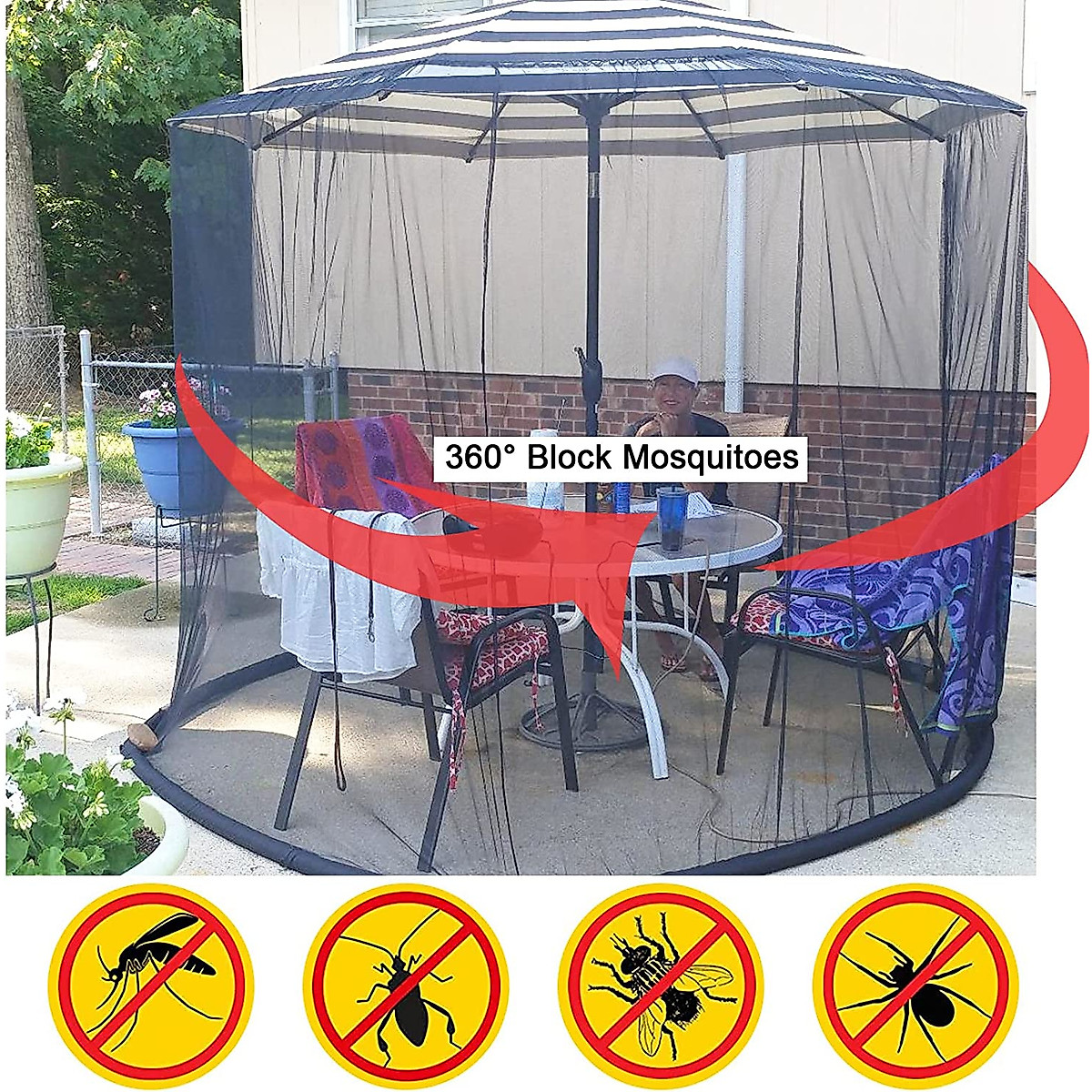 7.5-11 FT Patio Umbrella Mosquito Net, Polyester Mesh Umbrella Screen, Universal Canopy Umbrella Mosquito Netting with Zipper Door and Adjustable Rope, Fit Outdoor Umbrellas and Patio Tables