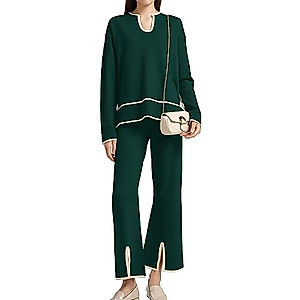 SuperPrity 2 Piece Sweater Sets for Women Winter Wide Leg Pants Knit Outfits Set Comfy Long Sleeve Lounge Wear Sweatsuit Set-L,Dark Green