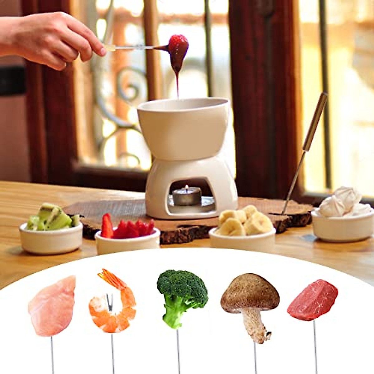 24 Pack 9.6 Inch Stainless Steel Fondue Forks, 12 Wood Handles and 12 Stainless Steel Handles, Heat Resistant Smores Sticks for Roast Meat Chocolate Dessert Cheese Marshmallows (6 Colors)