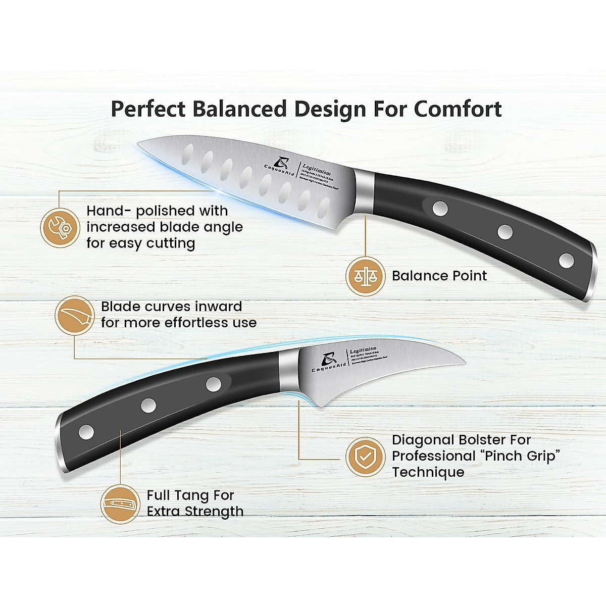 CoquusAid Paring Knife set, 2PCS small kitchen knife for fruit, 3.8 Inch Fruit knife and 2.75 inch Bird Beak peeling knife,Premium Germany Stainless Steel Ergonomic Handle,Elegant Black Ideal for Gift