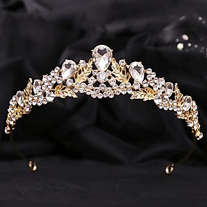 QIAIYALA Wedding Tiaras for Bride Gold Crystal Princess Small Crown Bridal Headband Birthday Leaf Hair Accessories