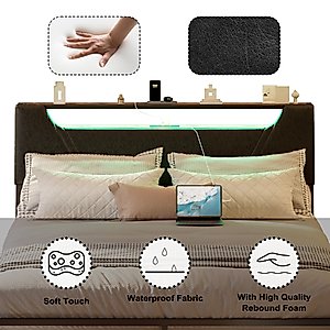 IRONCK Queen Bed Frame with Drawers, Ergonomic Storage Headboard with Charging Station, LED Light, Solid and Stable, No Box Spring Needed