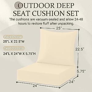 downluxe Outdoor Deep Seat Cushions Set, Waterproof Memory Foam Patio Furniture Cushions with Zipper for Outdoor Chair Sofa, 24" x 24", Beige, 2 Piece Set