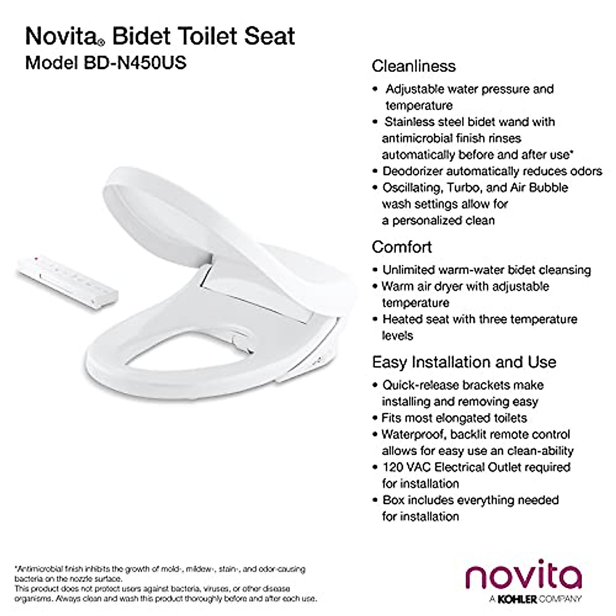 KOHLER BD-N45OUS-N0 Novita Elongated Bidet Toilet Seat, Heated Bidet Seat with Adjustable Bidet Sprayer for Existing Toilets with Remote Control, White