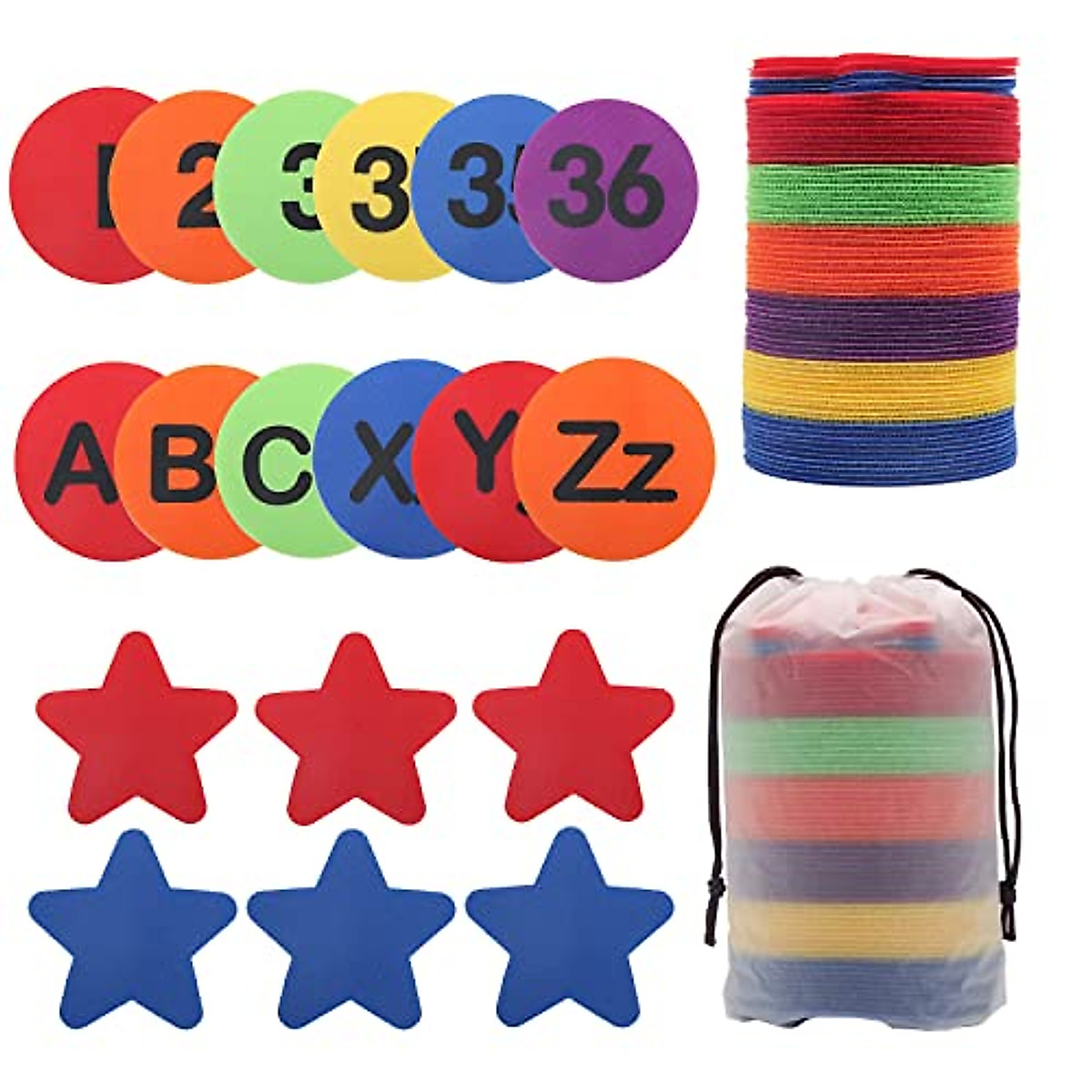 Hoedia 70pcs Carpet Markers Floor Dots Multicolour Spot Marker,Magic Carpet Spots for Classroom Supplies Elementary School Kindergarten Daycare Decoration（26 Letters + 36 Numbers + 8 Stars）