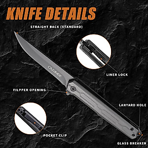 Carimee Pocket Folding Knife, Slim EDC Gentlemen Knife for men with 7Cr17Mov Steel Blade, Stainless Steel Handle, Pocket Clip, Glass Breaker, For Outdoor Acitivity, 2023 Gifts for Men Women, Grey