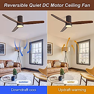 ReLa Mall 52 Inch Low Profile Ceiling Fan, Flush Mount Ceiling Fans with Lights Remote Control,Modern Ceiling Fan with 3 Reversible Solid Wood Silver Blades Noiseless Reversible DC Motor,Brown