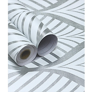 Amiya Silver Gray Peel and Stick Wallpaper Modern Boho Removable Vinyl Contact Paper Leaf Self Adhesive Bathroom Wallpaper for Cabinets 17.7" x 120" Renter Friendly