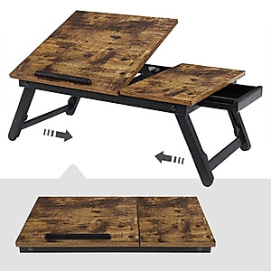 SONGMICS Laptop Desk for Bed or Sofa with Adjustable Tilting Top, Breakfast Serving Tray with Height Adjustable Folding Legs, Fits Screen Size up to 15.6 Inches, Floor Desk, Rustic Brown ULLD105B01