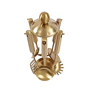 Gold Cooking Utensils Set with Holder, 7 PCS 304 Stainless Steel Cooking Kitchen Utensil Set with Rotating Holder, Spatula, Slotted Turner, Ladle, Skimmer, Pasta Server, Large Rice Spoon